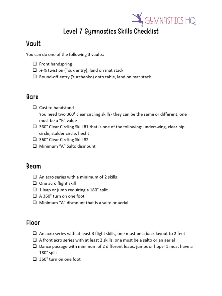 Level 7 Gymnastics Skills Checklist | PDF