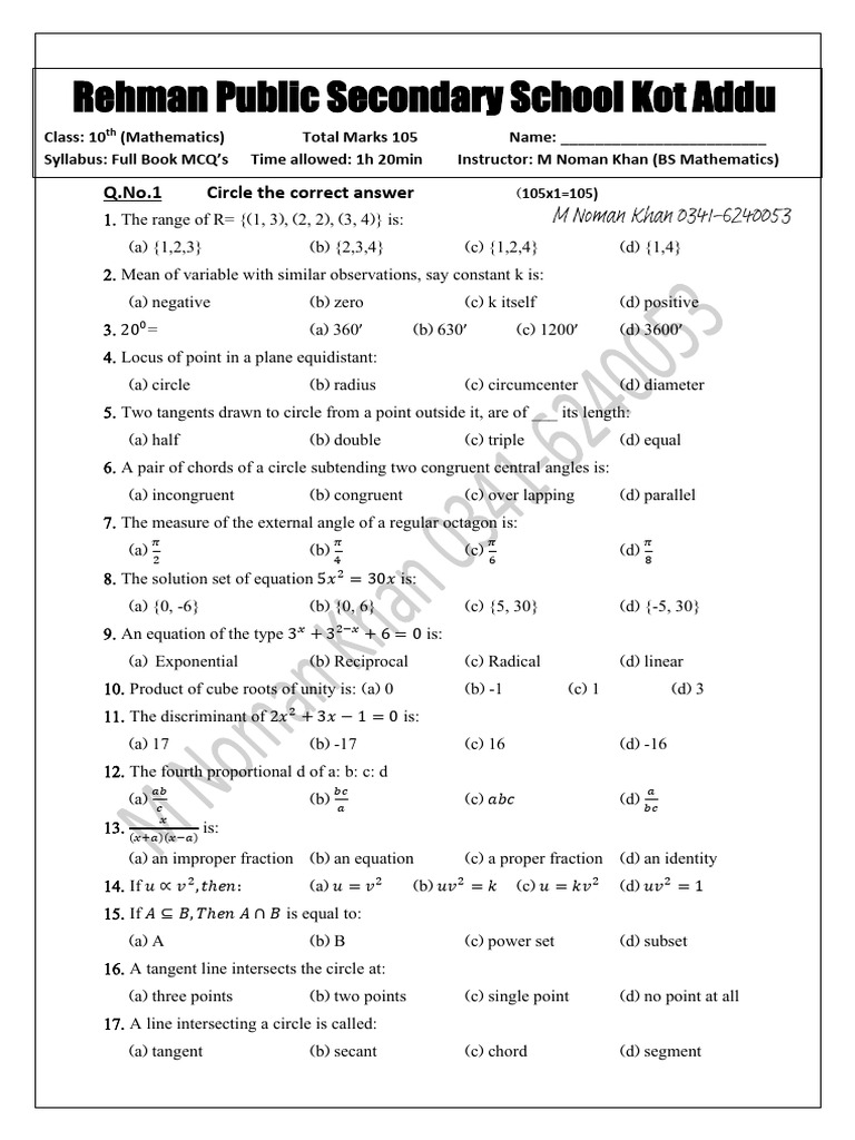 Mathematics Class 10th Full Book MCQ's 2025 | PDF | Circle | Pi