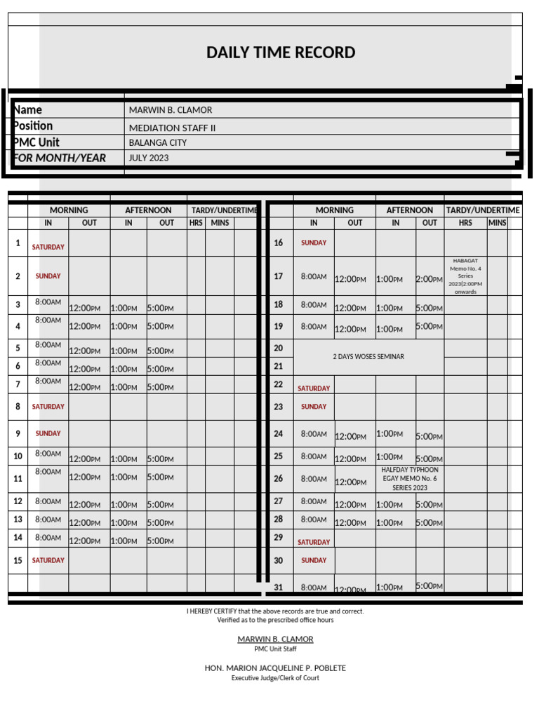 July 2023 Daily Time Record | PDF