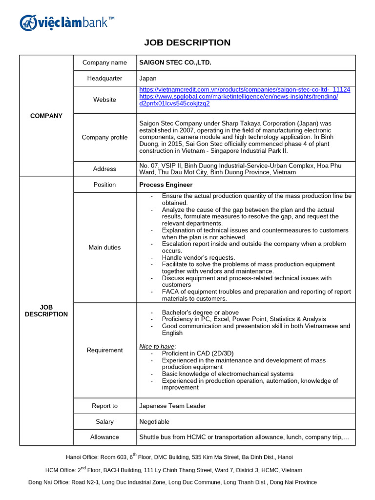 Jd - Saigon Stec - Process Engineer | PDF | Vietnam