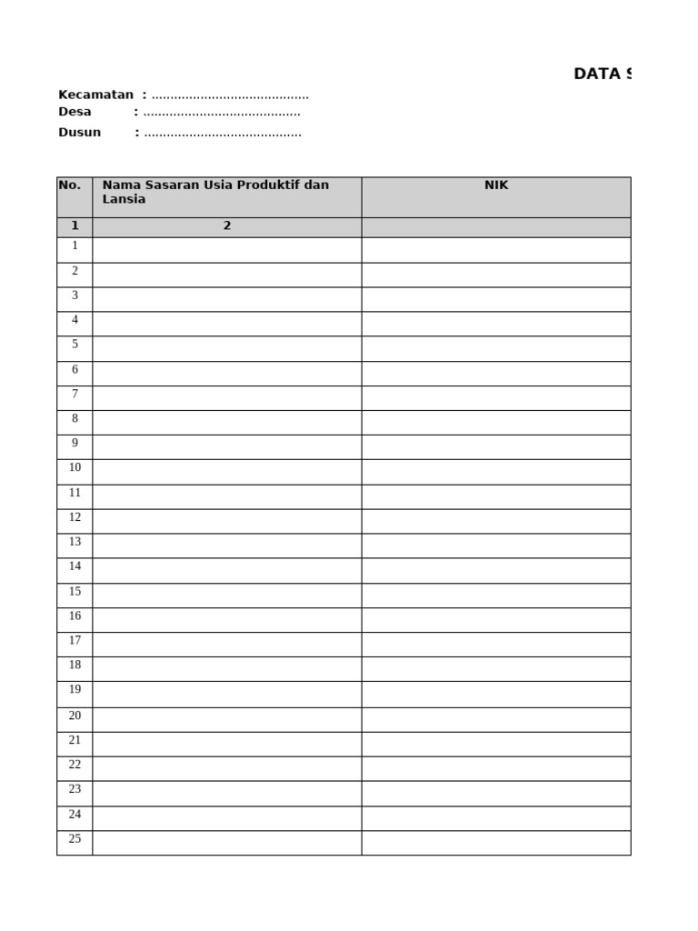 Formulir Kartu Bantu Posyandu - Data Sasaran Usia Produktif Dan Lansia-1 | PDF