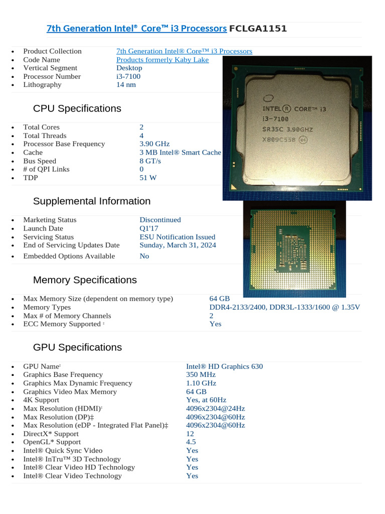 Intel® Core™ I3-7100 Processor FCLGA1151 | PDF | X86 Architecture ...