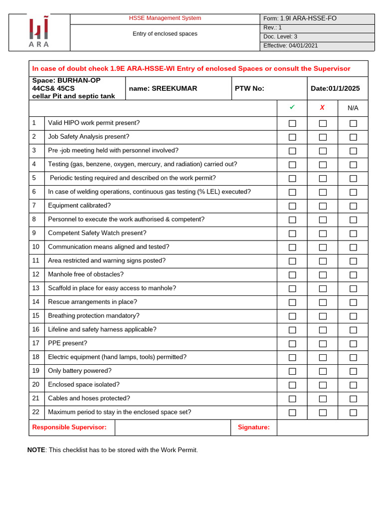 1.9I ARA-HSSE-FO Entry of Enclosed Spaces Checklist 3 | PDF