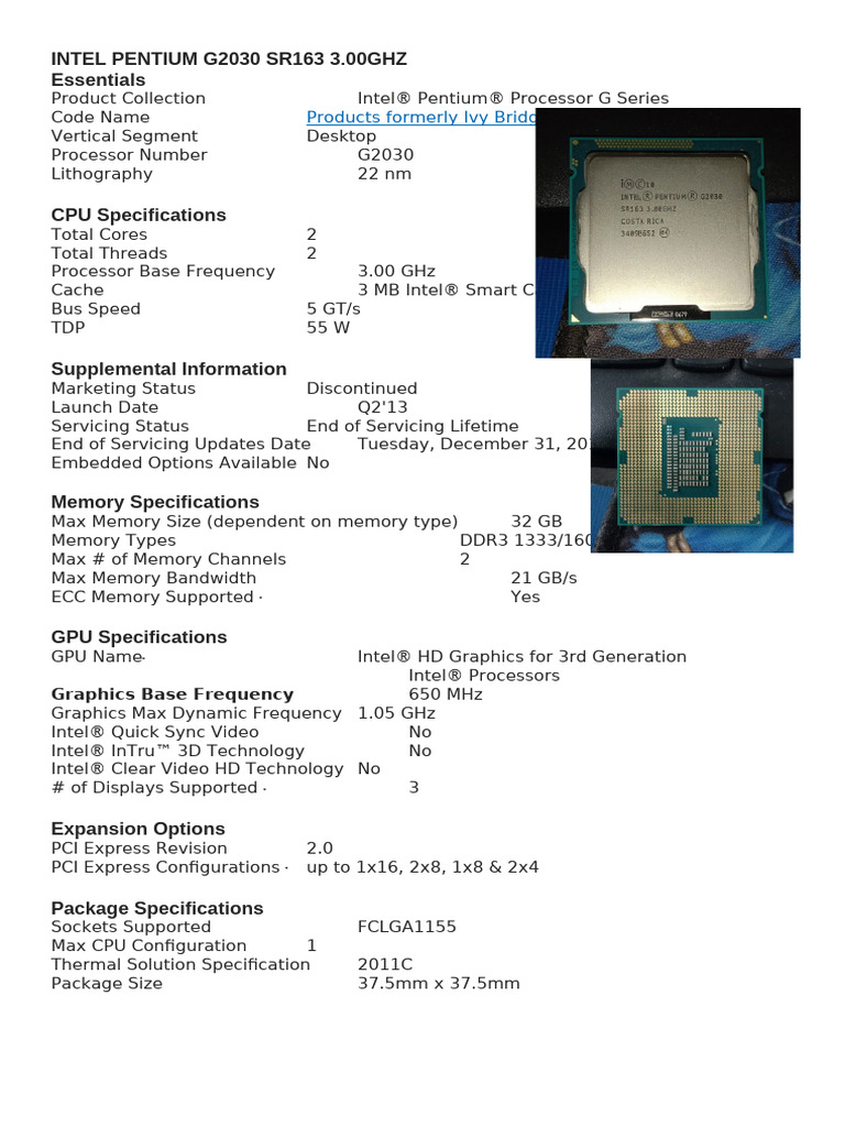 Intel Pentium G2030 Fclga1155 | PDF | Intel | Central Processing Unit