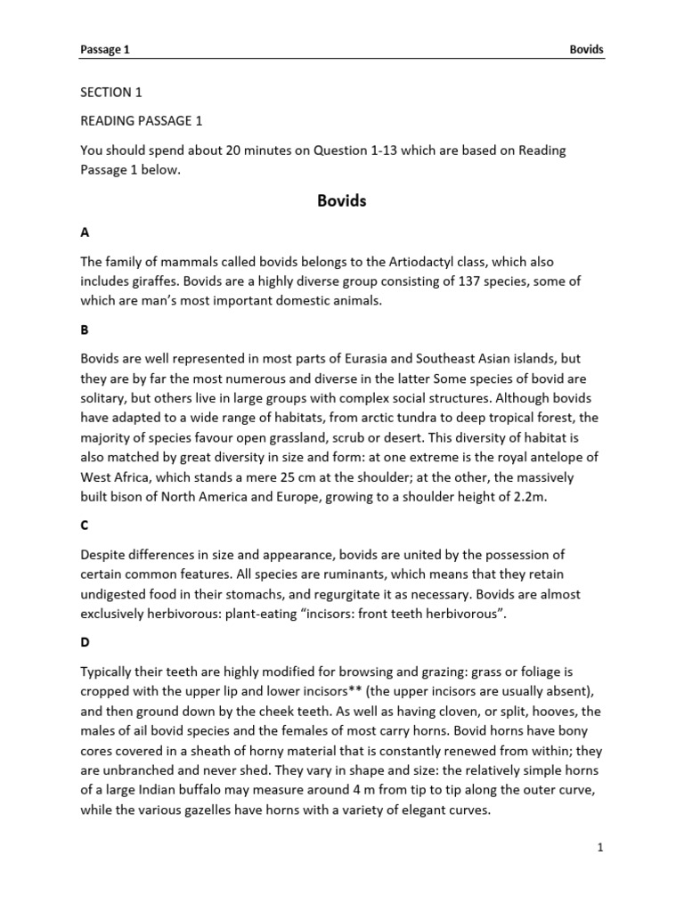 36 Passage 1 - Bovids Q1-13-Pages | PDF | Bovidae | Antelope
