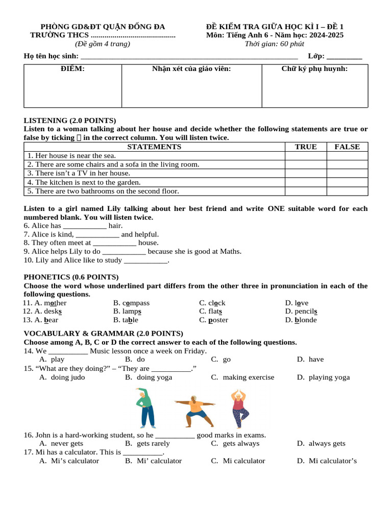 Đề Anh 6 - GK1 - 2425 NT - Tộ | PDF | Room