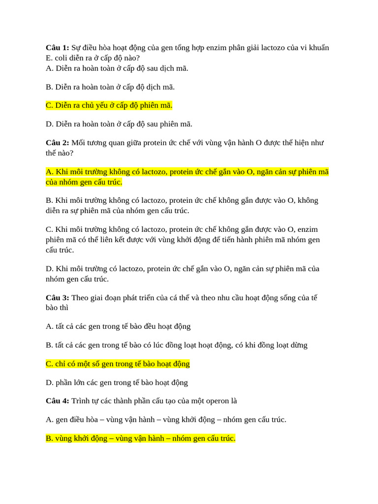 BTVN ĐIỀU HÒA BIỂU HIỆN GEN | PDF