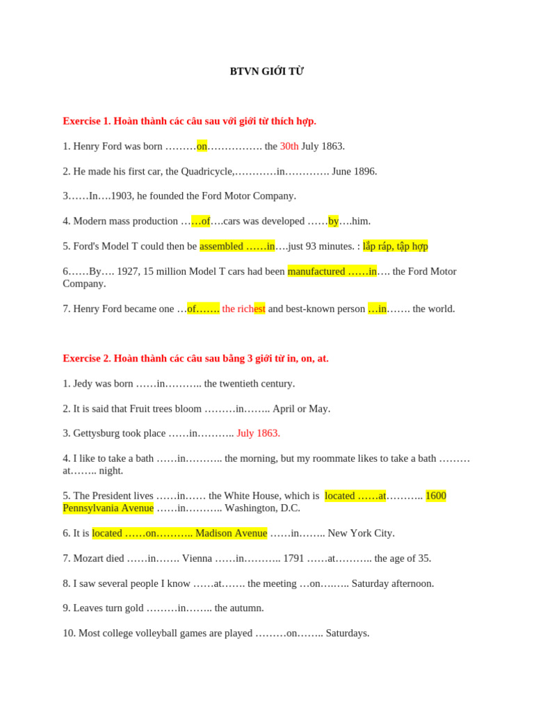 BTVN GIỚI TỪ | PDF