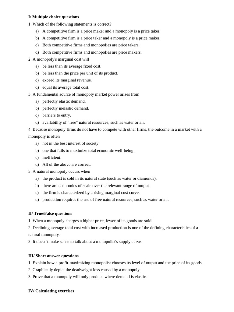 chapter 6 _ questions | PDF | Monopoly | Market Power