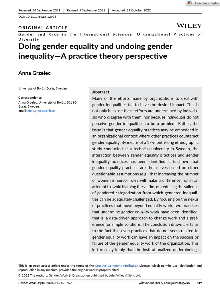 Gender Work Organization - 2022 - Grzelec - Doing Gender Equality and Undoing Gender Inequality ...