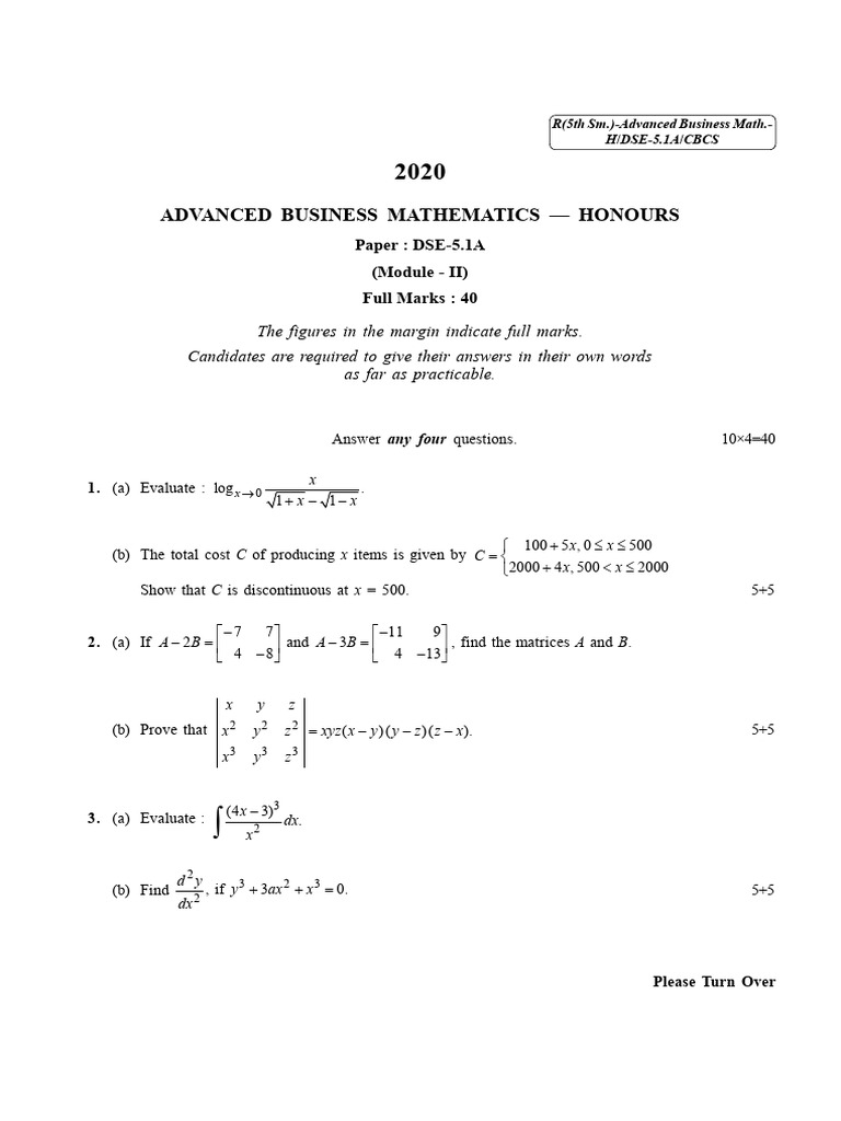 Advanced Business Mathematics Exam Guide | PDF | Mathematical Analysis ...
