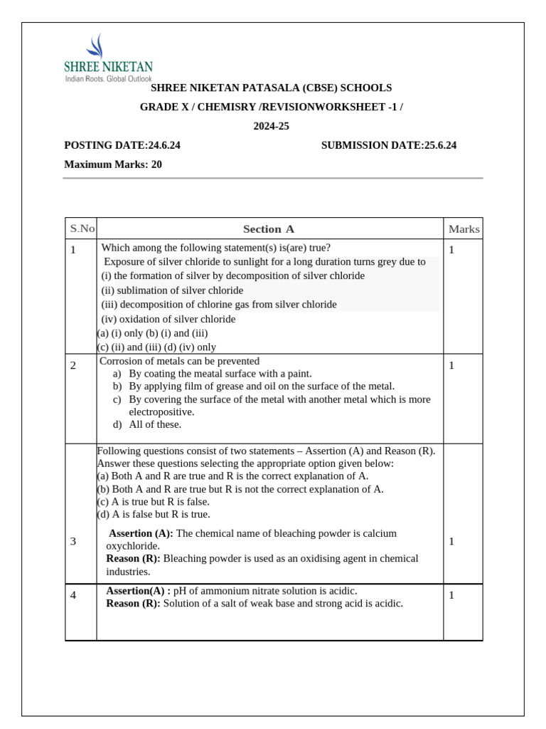 Class10revisionworksheetchemistry22 6 24 | PDF | Sodium Carbonate | Chloride