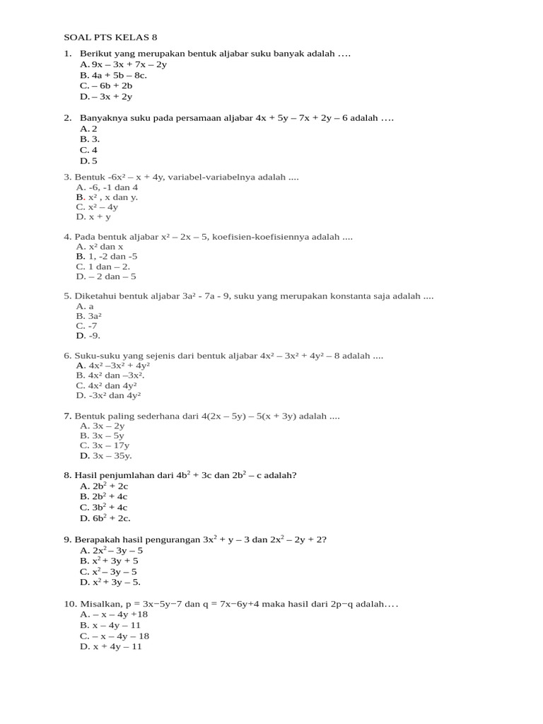 SOAL ATS MTK KELAS 8 GANJIL 2024 WORD | PDF