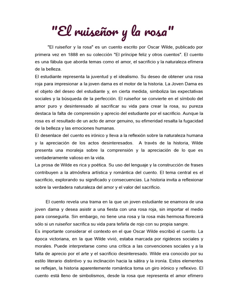 El Ruiseñor y La Rosa | PDF | Oscar Wilde | Amor
