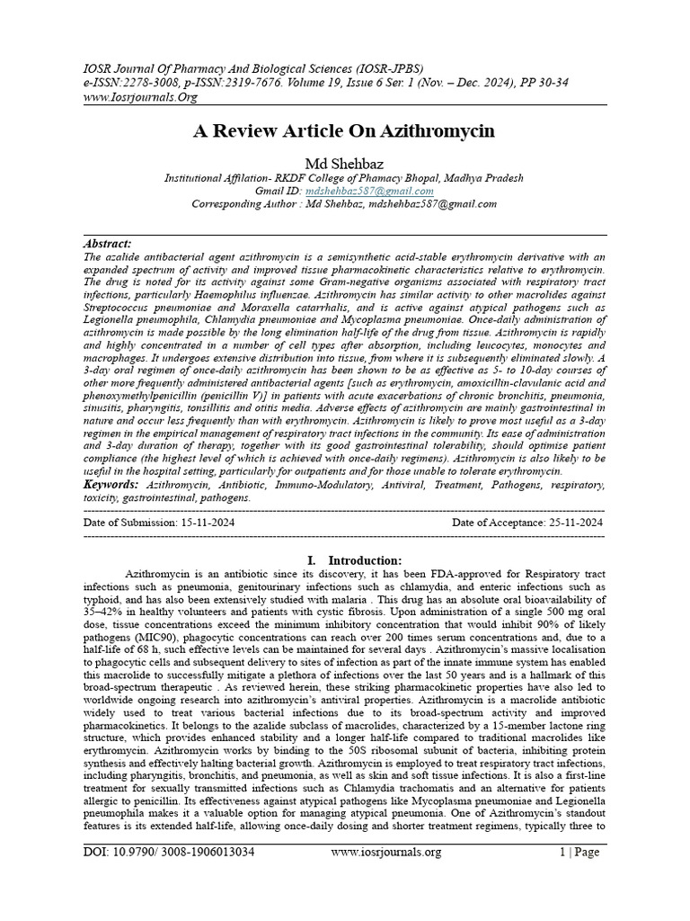 A Review Article On Azithromycin Iosr Journal MD Shehbaz | PDF ...