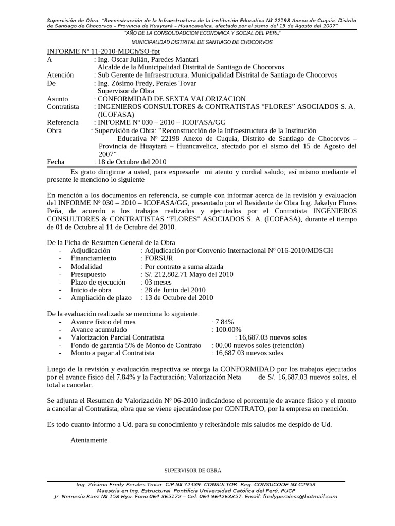 INFORMES SUPERVISION CONTRATISTA CHOCORVOS | PDF