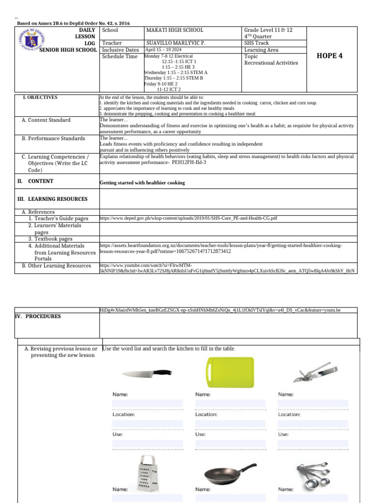 Cooking Recreational Activity | PDF | Foods | Educational Technology