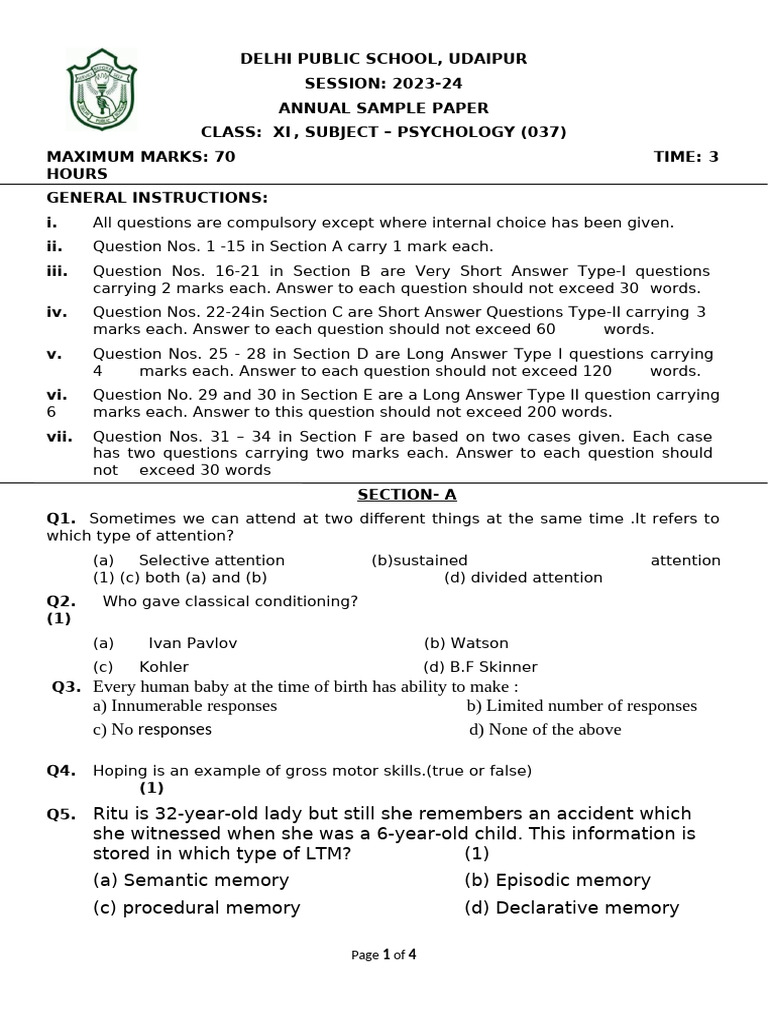 Class 12 Psychology Sample Paper 2023-24 | PDF | Attention Deficit ...