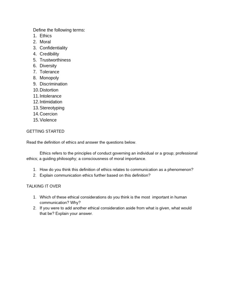 Communication Ethics Worksheet | PDF