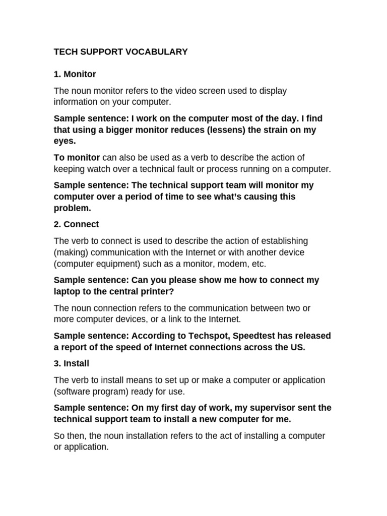 Tech Support Vocabulary Pdf Computer File Verb