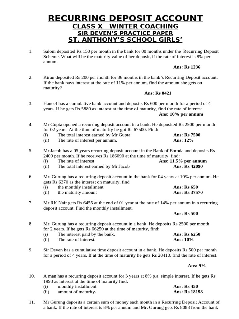 RECURRING DEPOSIT ACCOUNT | PDF | Banks | Interest