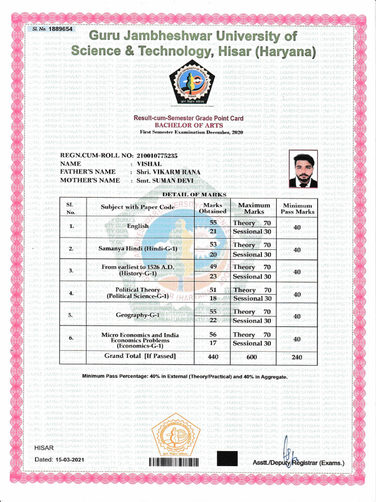 Vishal Bachelor Marksheet (1-6) | PDF