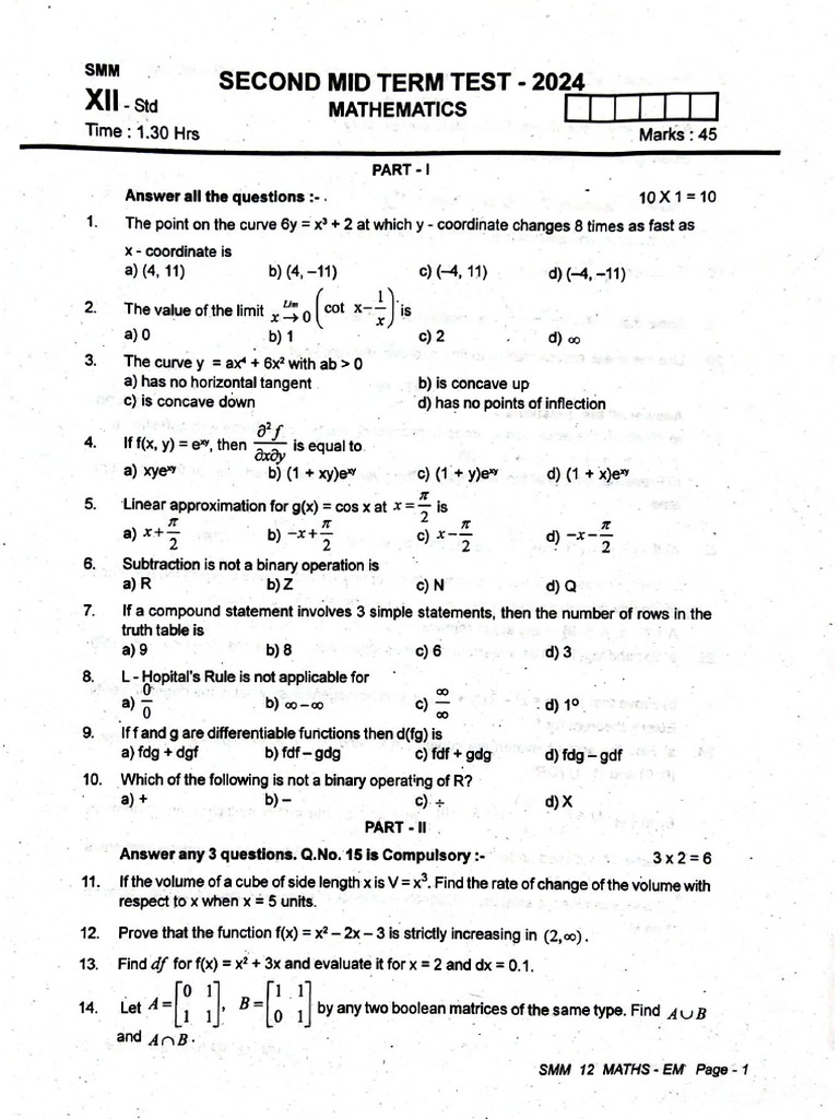 12th Maths - 2nd MidTerm Qns EX 2024 (Madurai) | PDF
