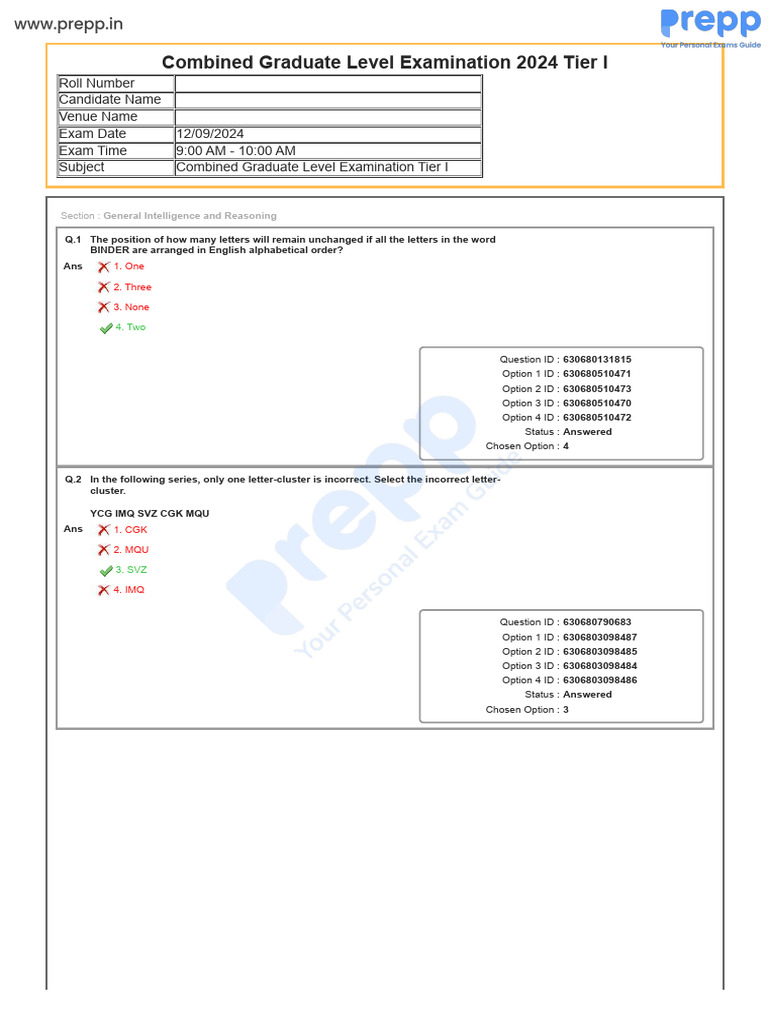 SSC CGL 2024 September 12 Tier 1 English Question Paper and Answer Key ...