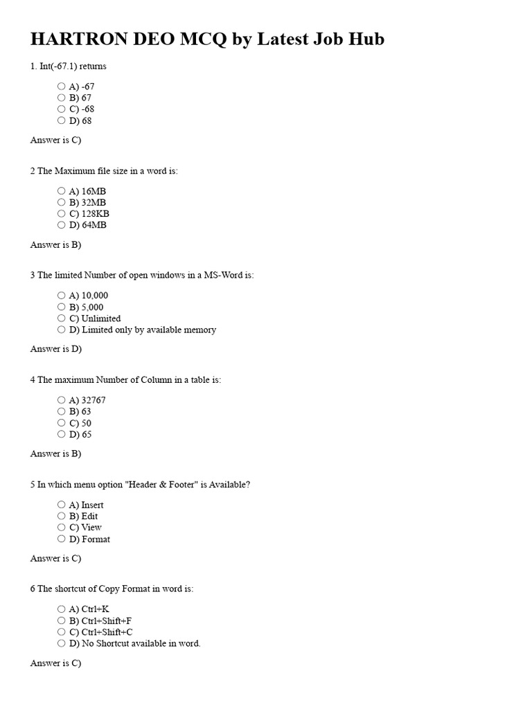 Hartron DEO MCQ Practice Questions | PDF | Microsoft Word | Microsoft Excel