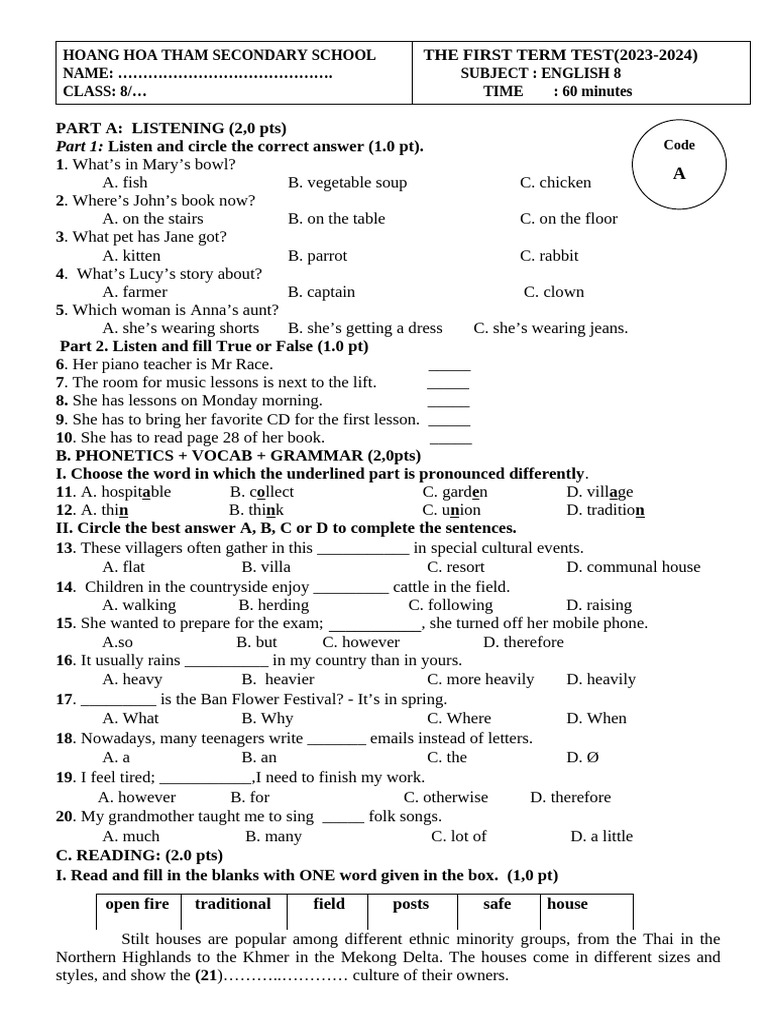 De Thi Hoc Ki 1 Mon Tieng Anh Lop 8 Nam 2023 2024 Co Dap An Truong Thcs Hoang Hoa Tham Thang ...