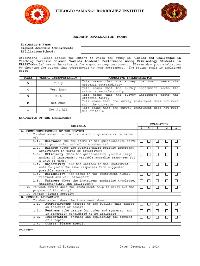 Forensic Science Survey Evaluation Form | PDF | Evaluation | Questionnaire