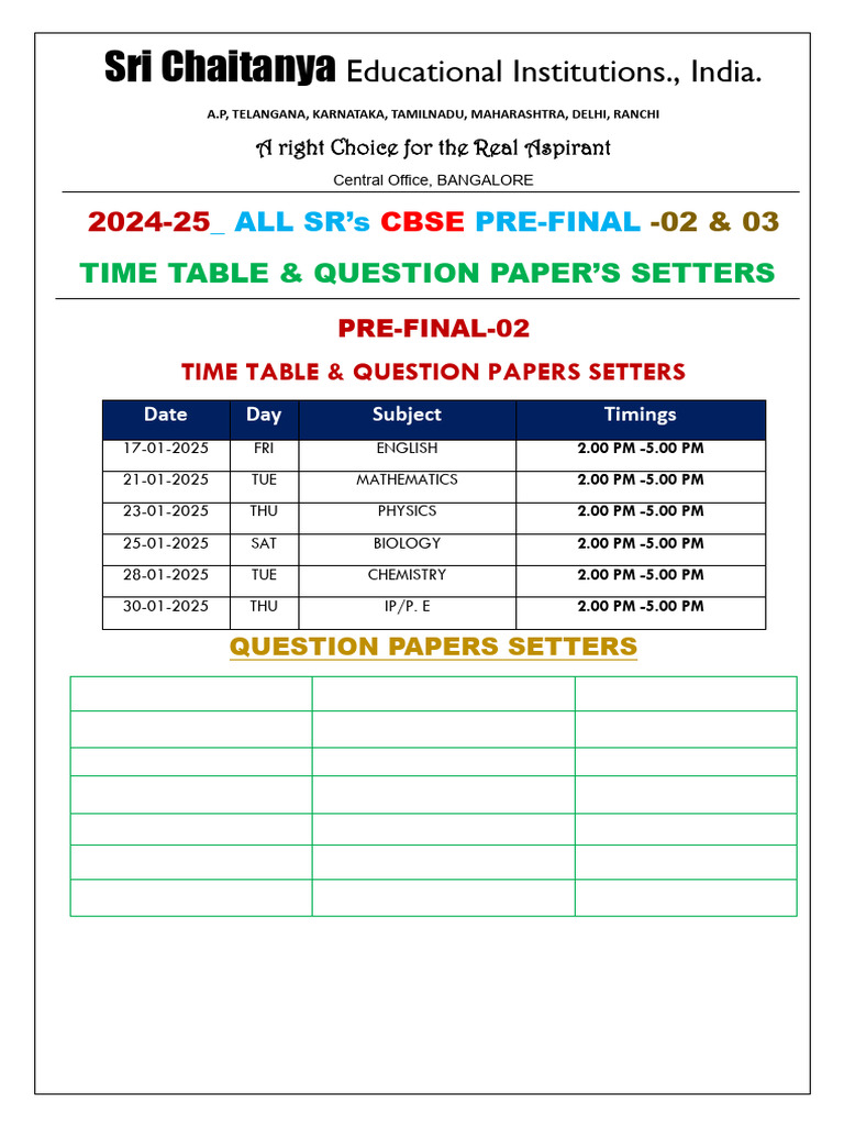 2024-25 - ALL SR's CBSE - PRE-FINAL - 02 & 03 - Time Tables | PDF ...