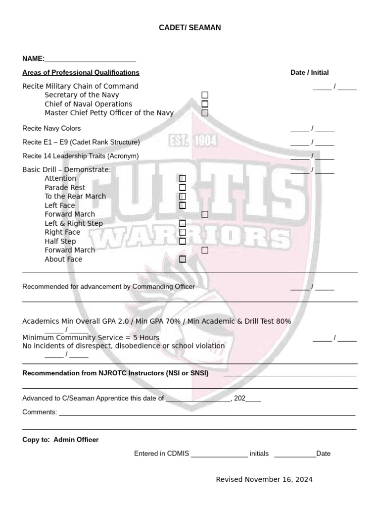 Navy Cadet Qualification Checklist | PDF