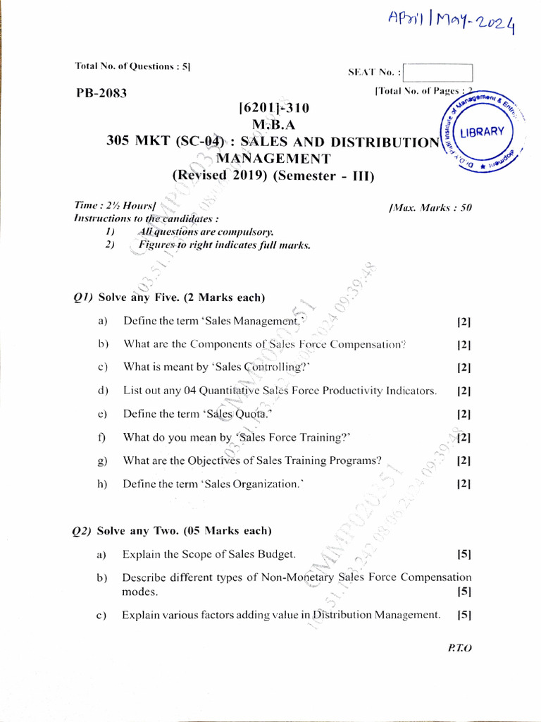 Sales and Distribution Management Exam Guide | PDF | Business ...