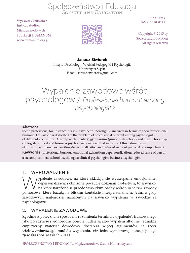Wypalenie Zawodowe Wśród Psychologó | PDF