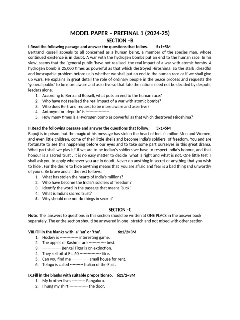 Prefinal-1 Model Paper (2024-25) | PDF