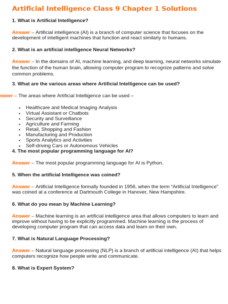 Artificial Intelligence Class 9 Chapter 1 Solutions | PDF | Artificial ...