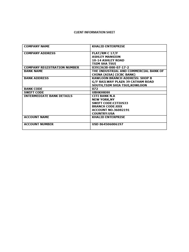 Khalid Enterprise Client Info Sheet | PDF