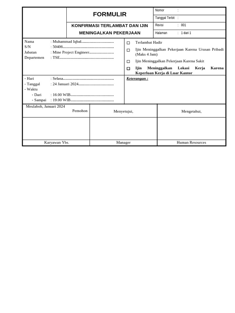 Formulir Konfirmasi Terlambat Dan Ijin Meninggalkan Pekerjaan | PDF