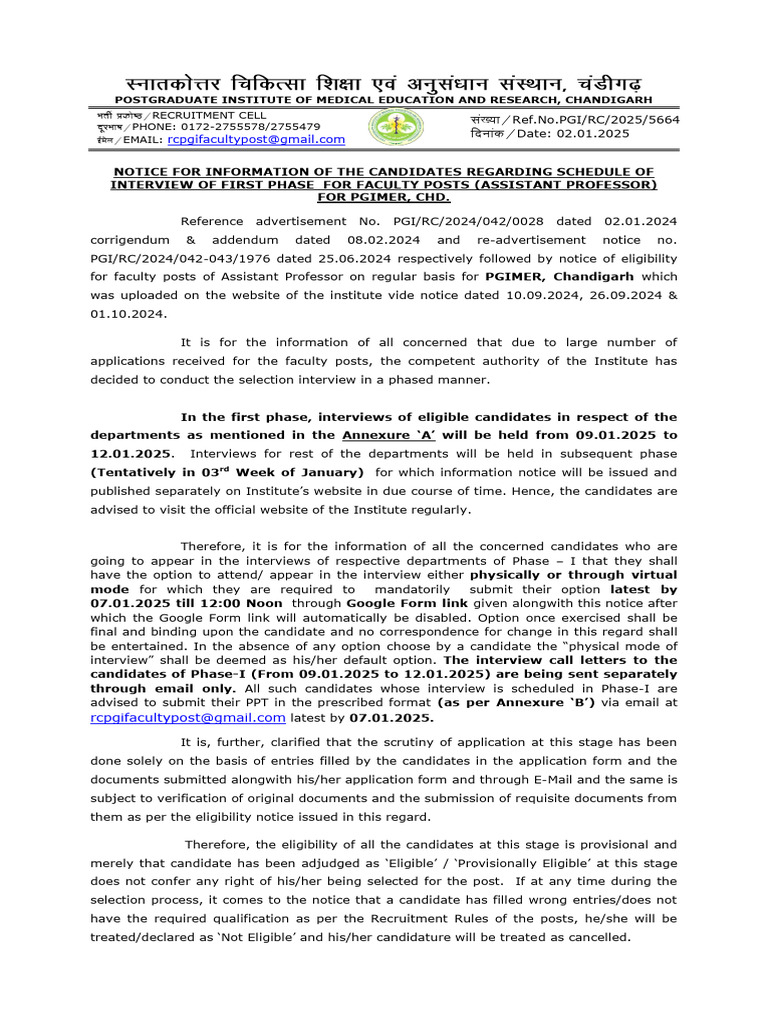 PGIMER Chandigarh Faculty Interview Schedule | PDF | Doctor Of Medicine ...