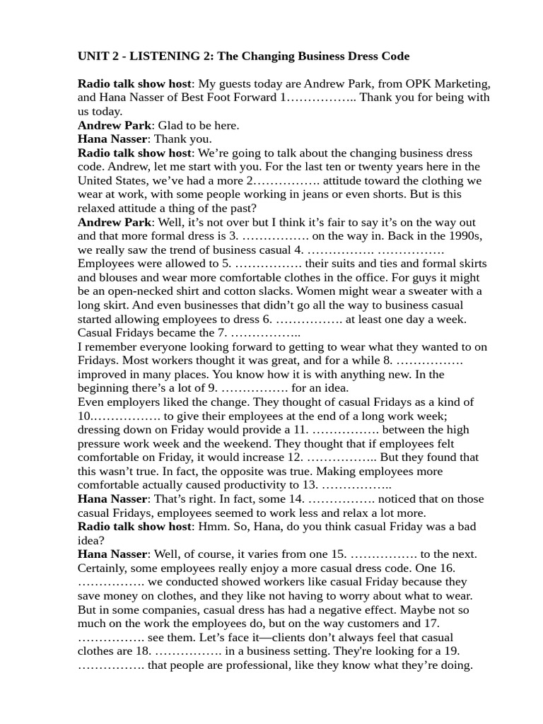 UNIT 2 LISTENING 2 - Elearning | PDF | Dress | Human Appearance