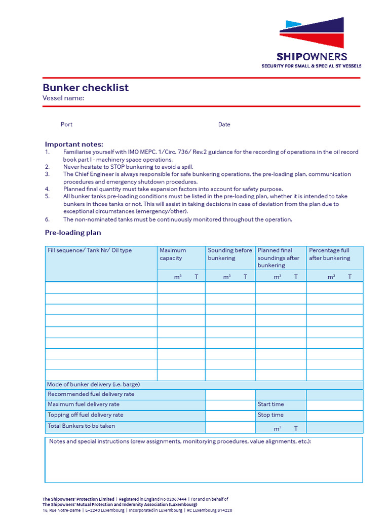 Bunker Checklist 0618 | PDF | Pump | Valve