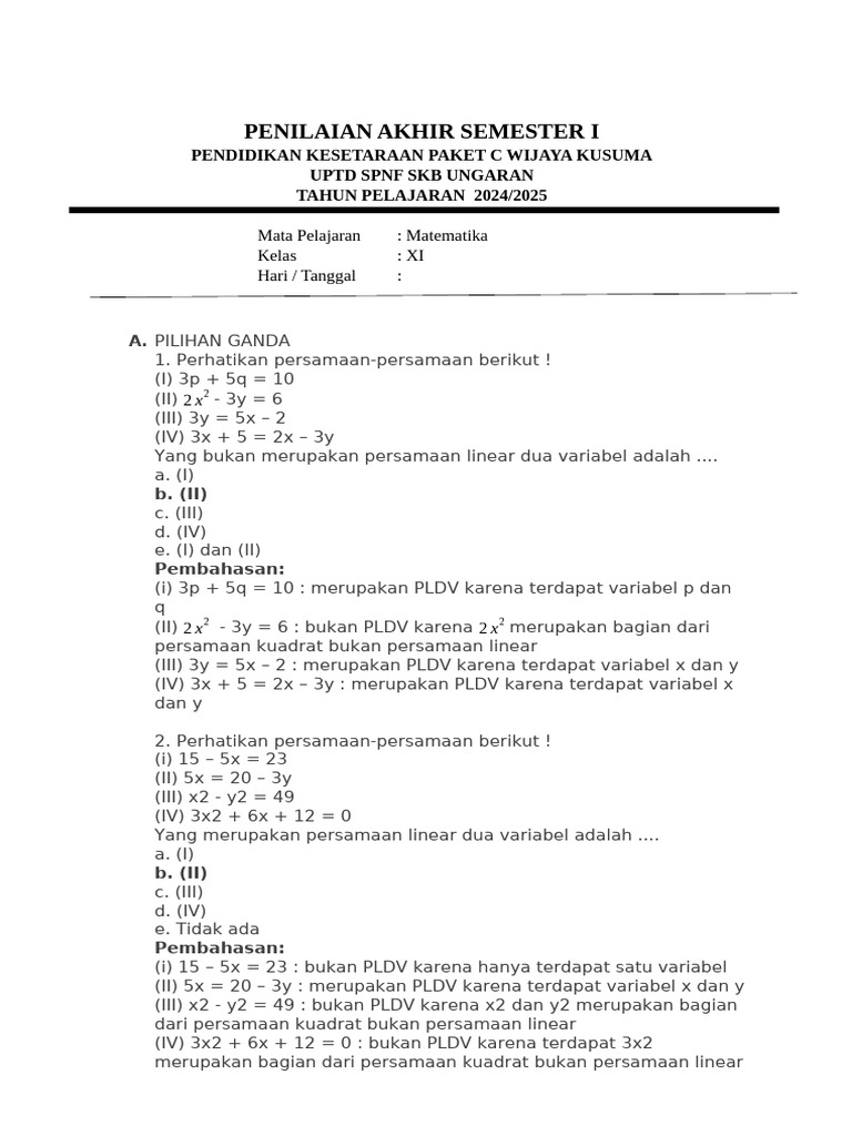 Persamaan Linear Dua Variabel dalam Matematika | PDF