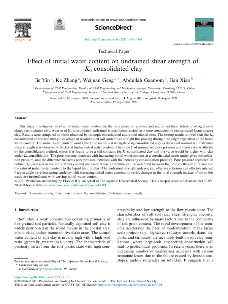 Effect of Initial Water Content On Undrained Shear Strength of K0 ...