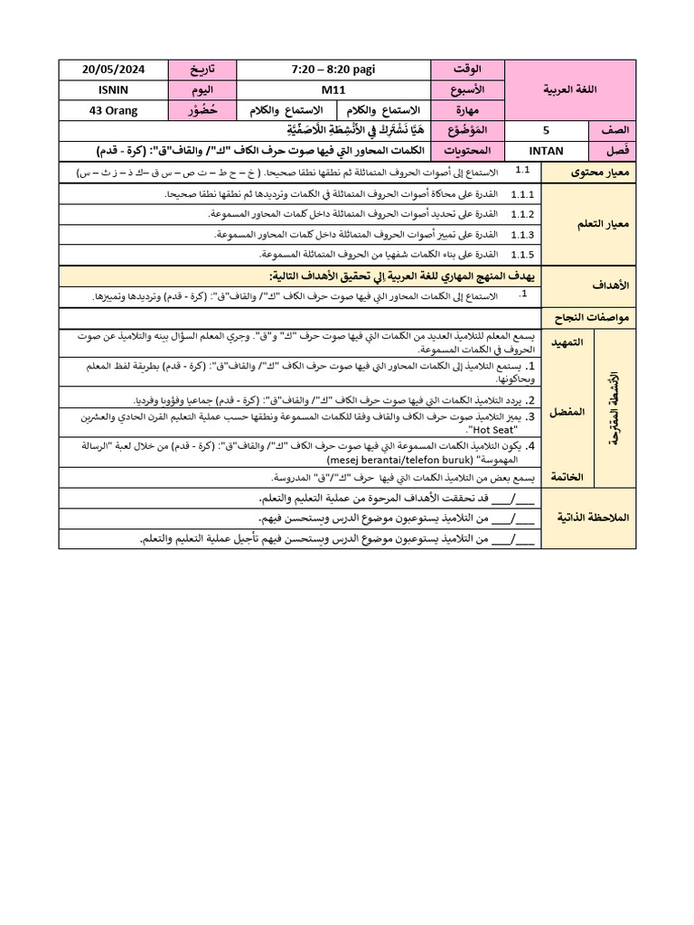 20/05/2024 7:20 8:20 Pagi Isnin M11 43 Orang 5 Intan | PDF
