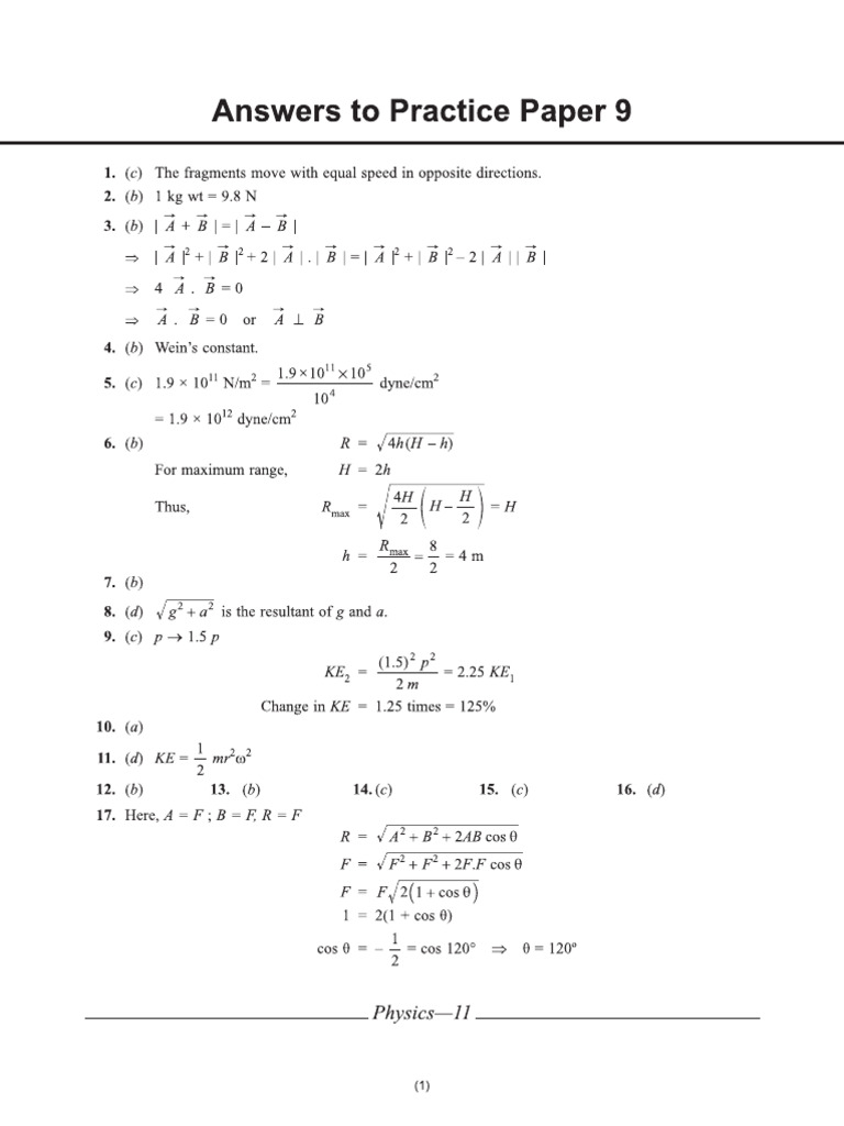 Cbse cl11 Together With Physics Answers To Practice Paper 9 | PDF