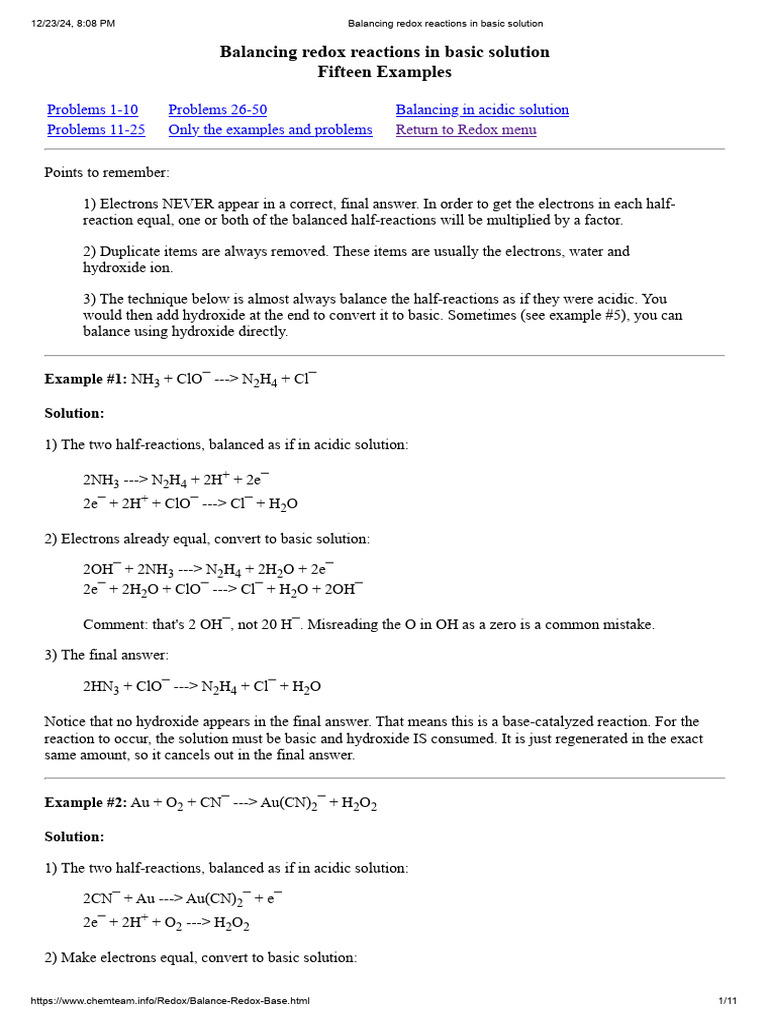 Balancing Redox Reactions in Basic Solution | PDF | Hydroxide | Cyanide