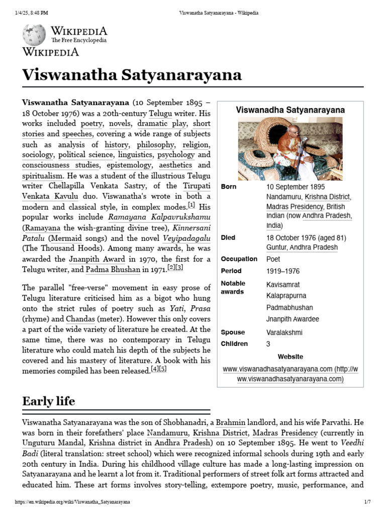Viswanatha Satyanarayana - Wikipedia | PDF