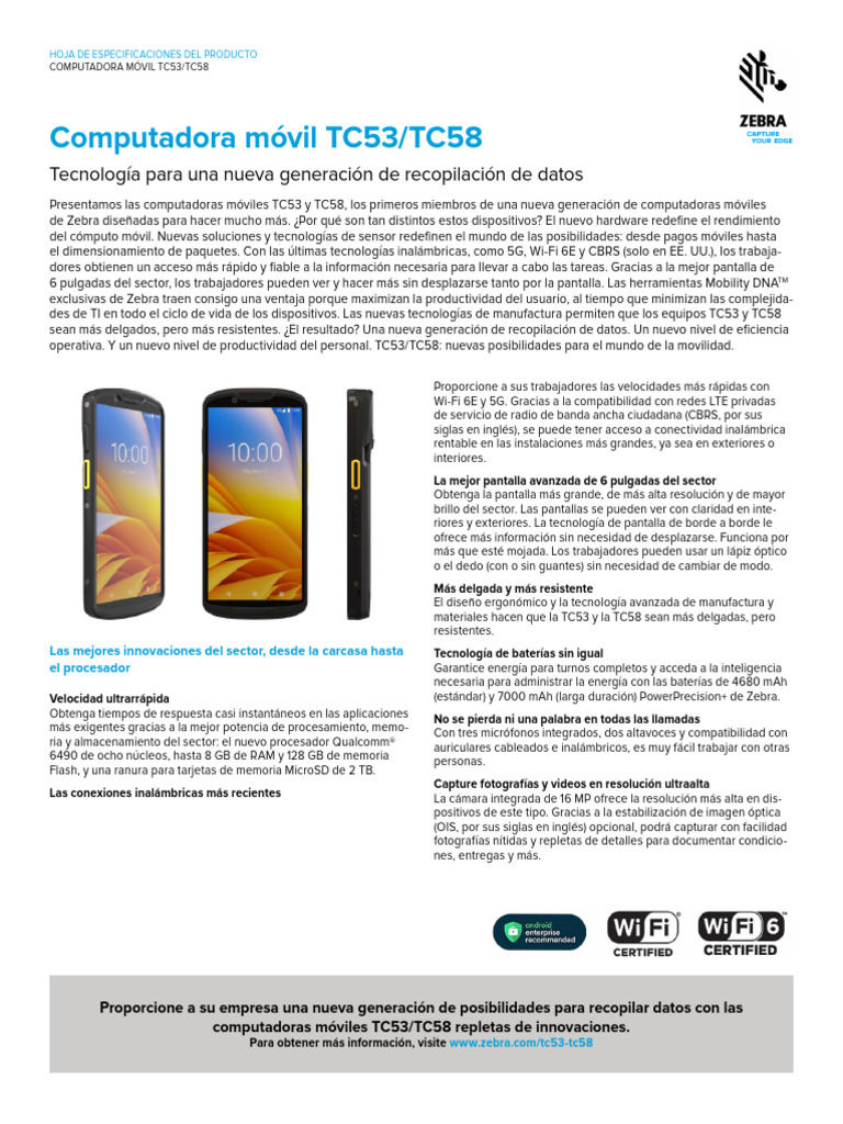 Tc53 Tc58 Spec Sheet Es La | PDF | Ieee 802.11 | Hardware de la computadora