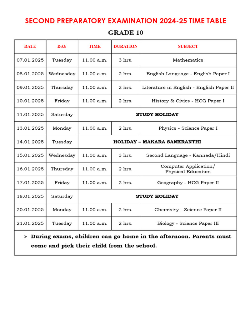 Grade 10 Second Prep Exam Timetable-1 | PDF